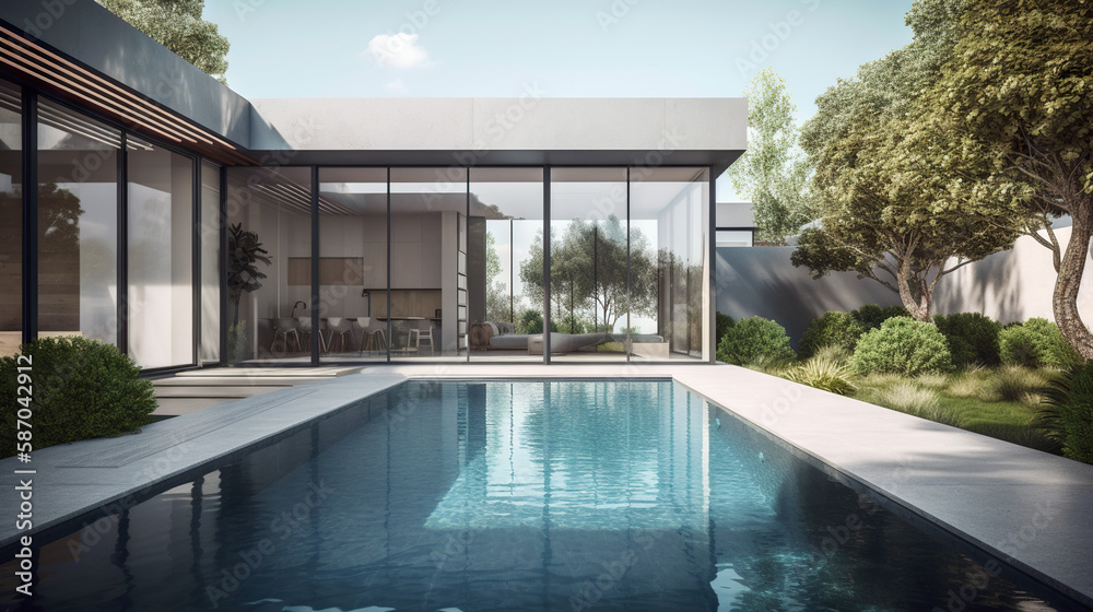 Modern house with swimming pool, exterior view. Generative ai and ...