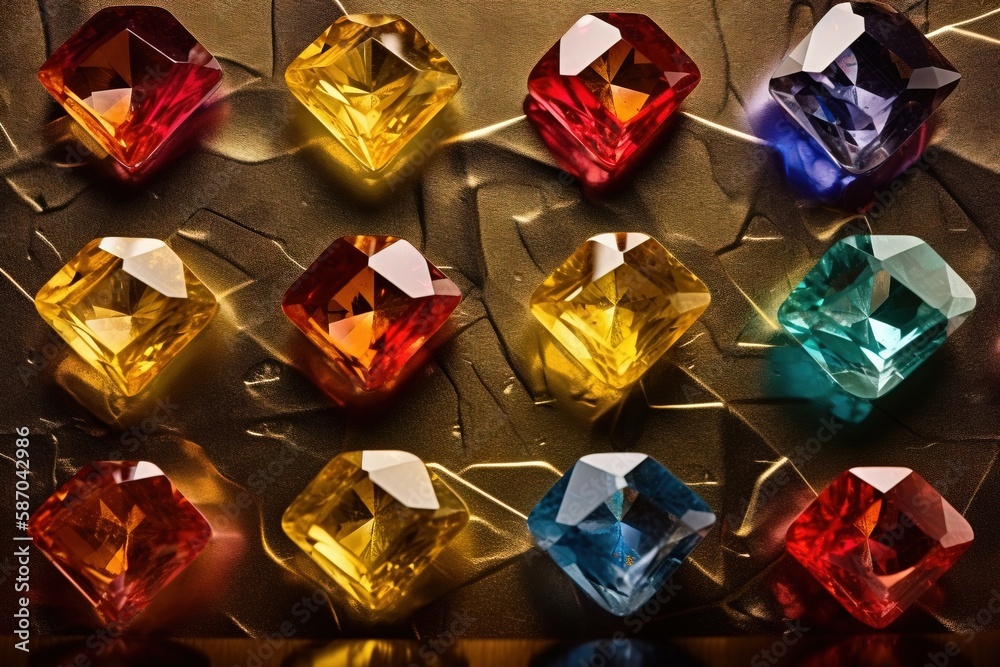 a group of different colored diamonds on a table top with a gold ...