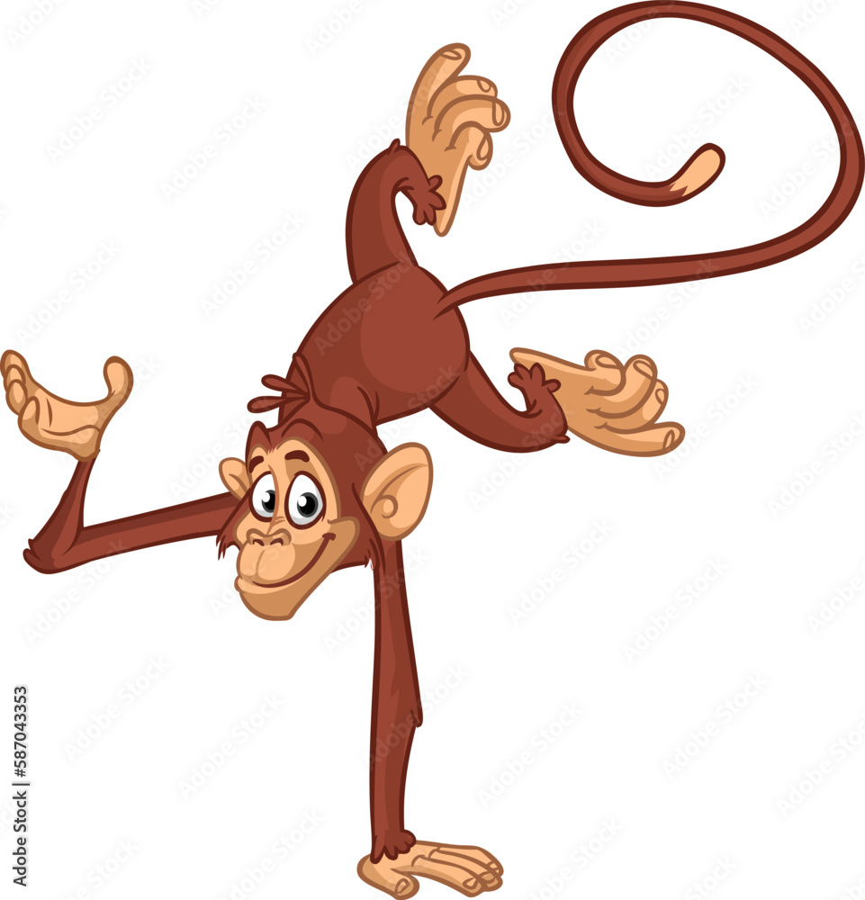 Cartoon funny monkey chimpanzee balancing on one hand or doind flip ...