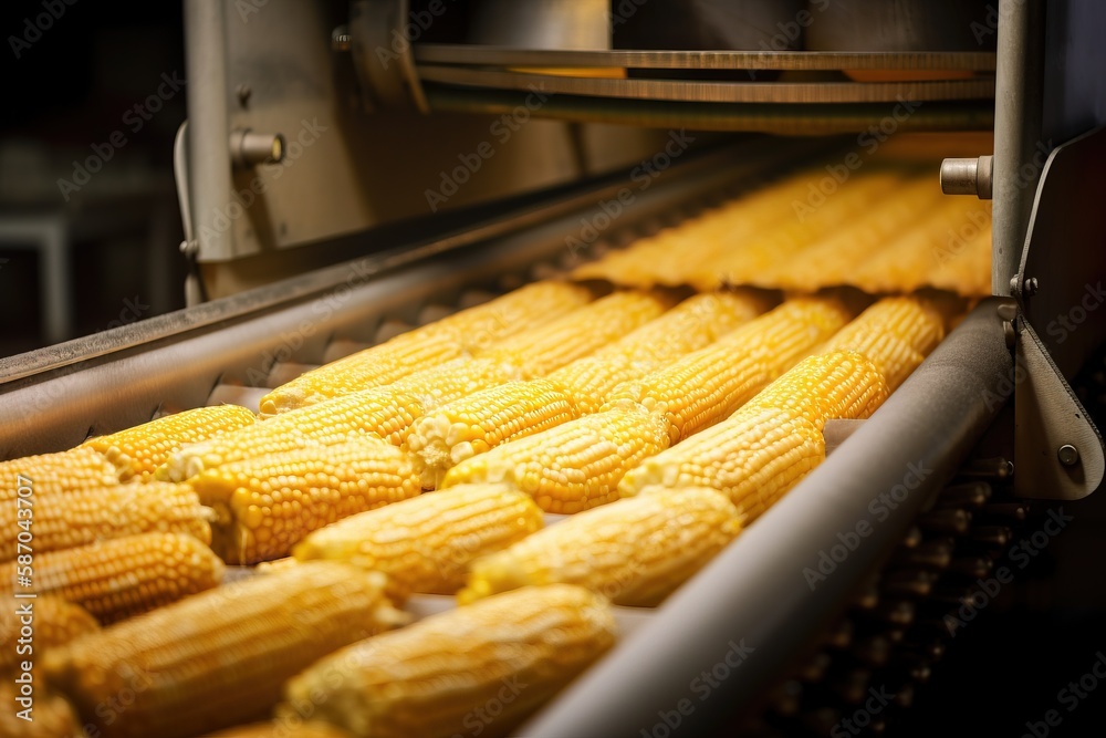 a conveyor belt with corn on the cob being processed in a factory or ...