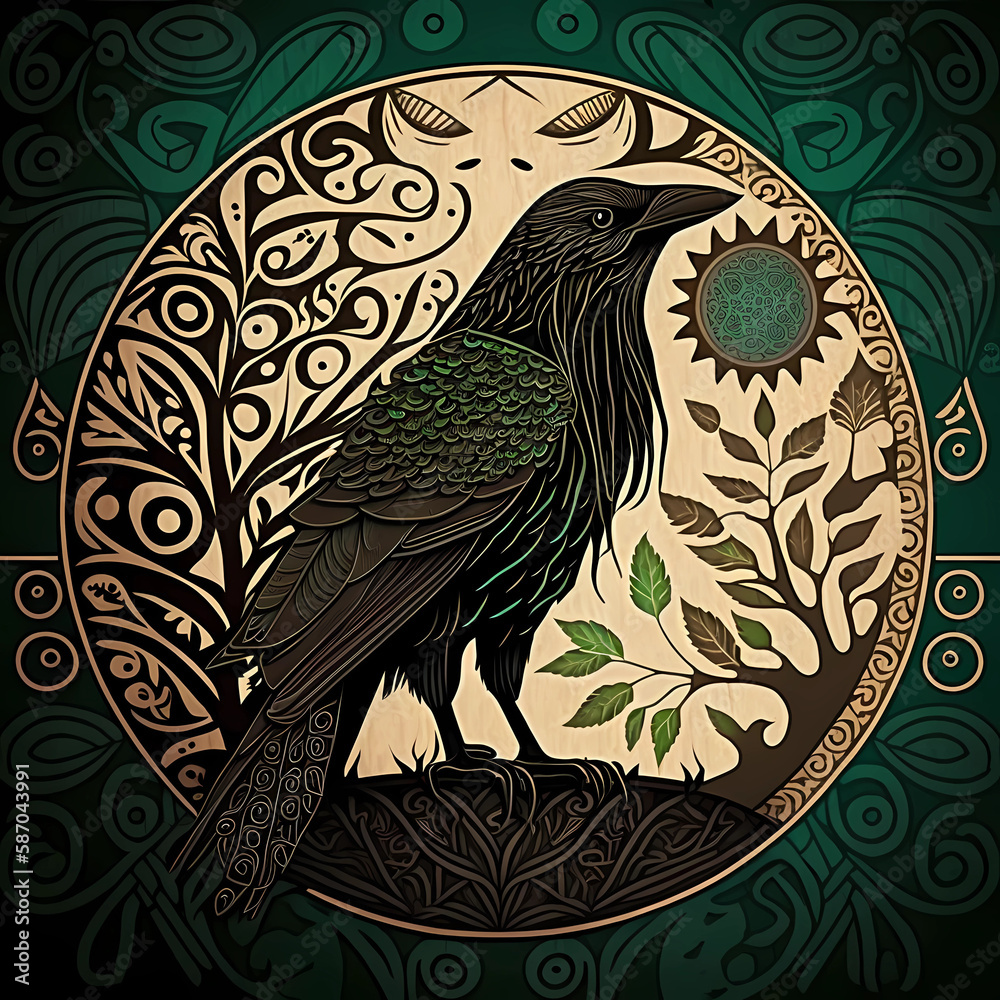 Raven from Celtic mythology. Hugin, Munin, Midgard, God Odin. AI ...