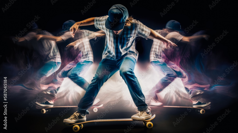Thrilling Action - Skateboarder in Multiple Exposure. The skater's ...