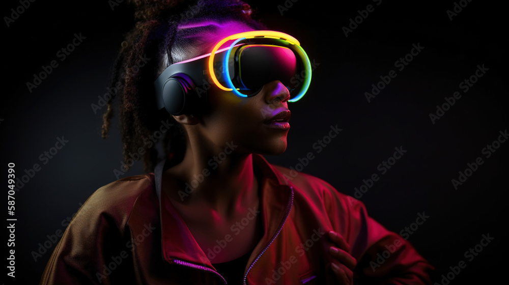 Portrait of an African-American woman in astonishment wearing a virtual ...