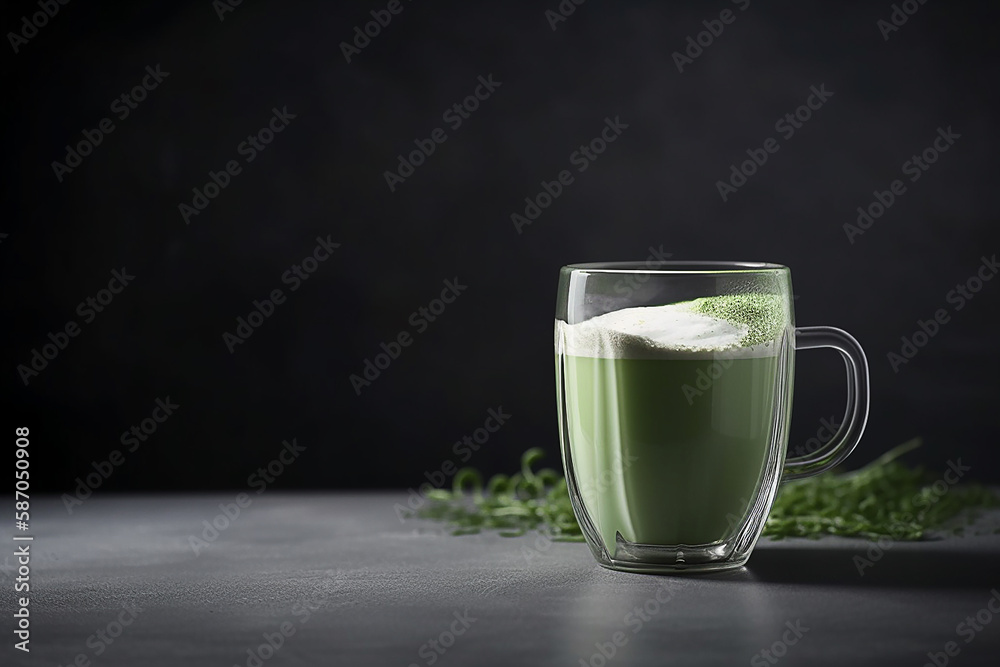Matcha chá verde com leite em um copo em fundo cinza. Bebida vegana ... Matcha chá verde com leite em um copo em fundo cinza. Bebida vegana ...