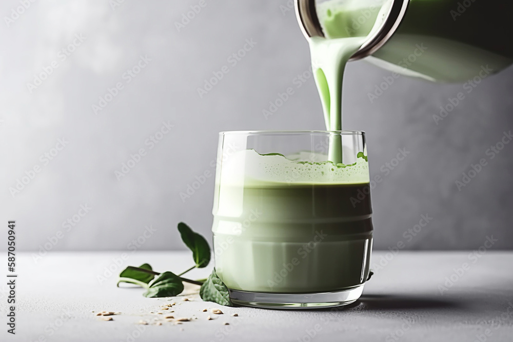 Matcha chá verde com leite em um copo em fundo cinza. Bebida vegana ... Matcha chá verde com leite em um copo em fundo cinza. Bebida vegana ...