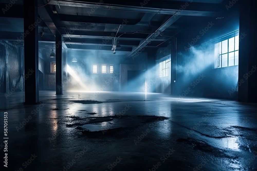 dimly lit room with rays of light shining through the windows ...