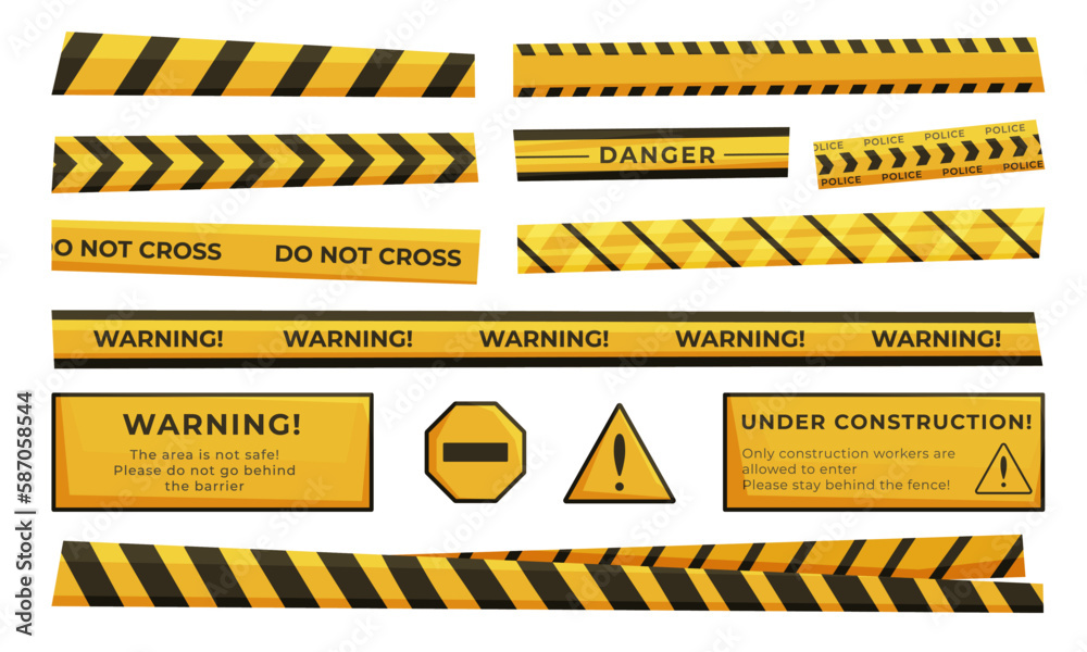 Vector illustration of a large warning set. Signs, road signs, guard ...