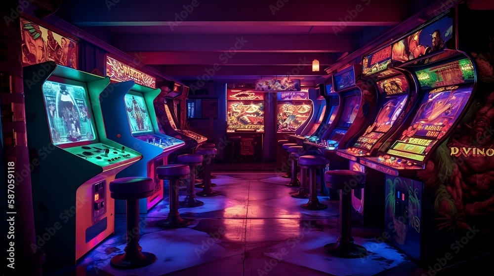 Arcade with fighting games,the arcade machines are brightly colored ...