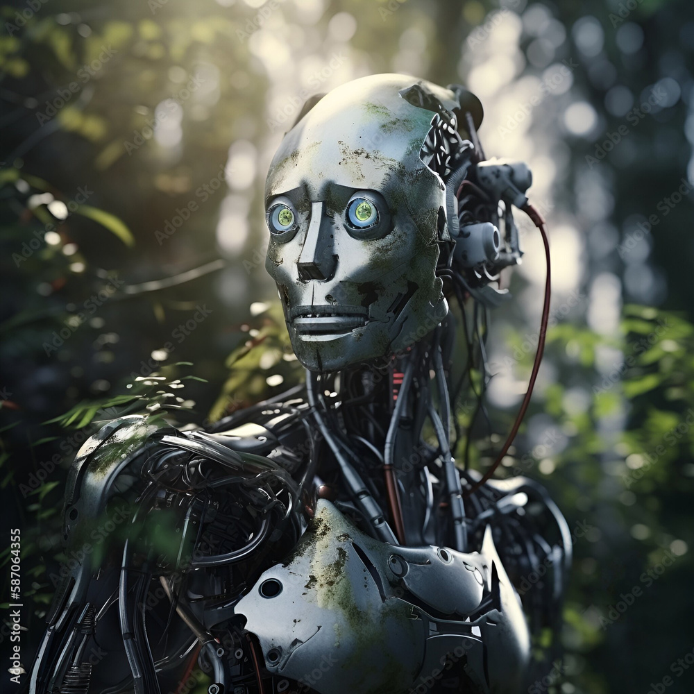 A humanized robot in the middle of a green forest. The theme of the ...