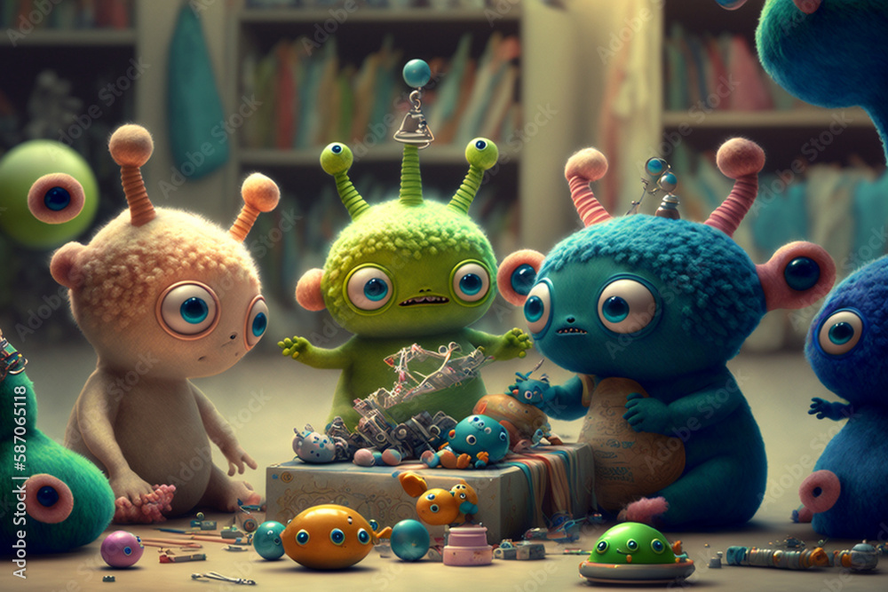 Cute little baby alien monsters working and crafting. Colorful monster ...