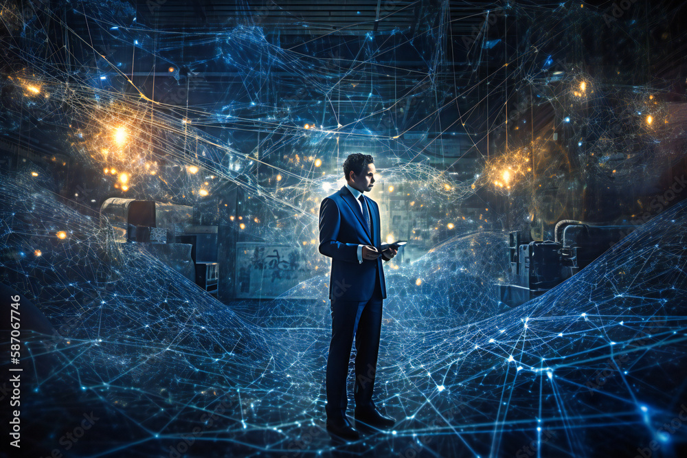 A businessman orchestrates customer connections in a white and blue ... A businessman orchestrates customer connections in a white and blue ...
