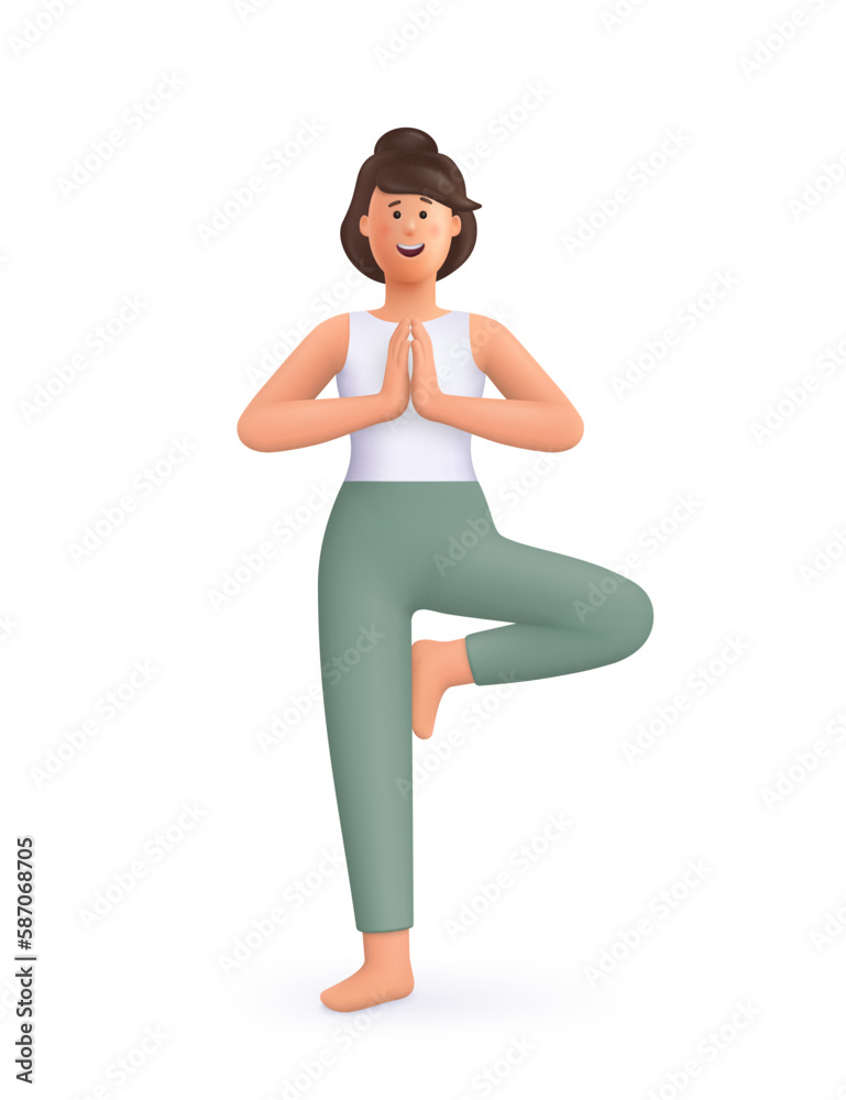 Young smiling woman doing yoga tree pose vrksasana, standing on one leg ...