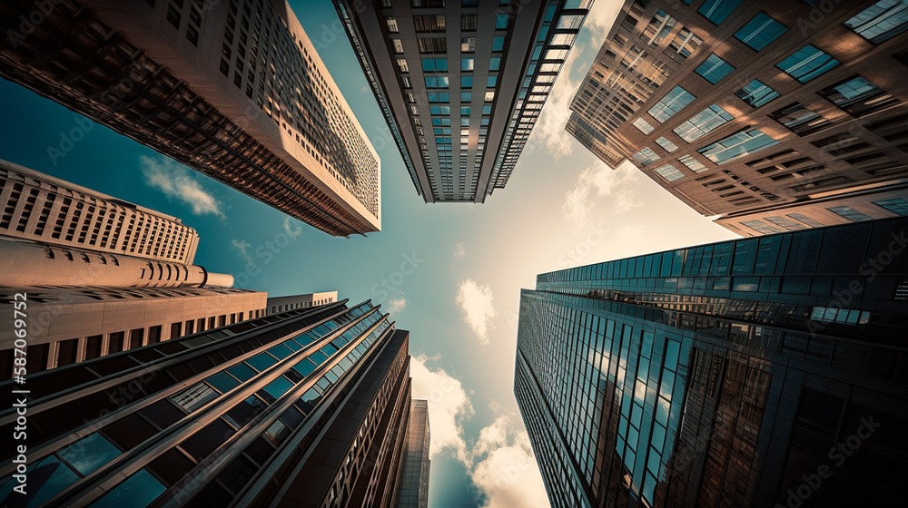 Photograph of urban corporate skyscrapers shot from below towards a ...