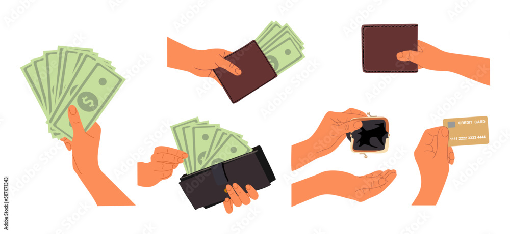 Hands holding money set. Arms with banknotes, wallet, dollar bills ...