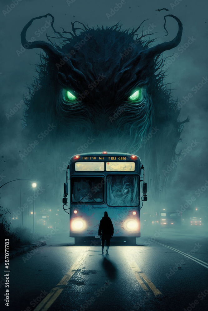Horrible alien monster creature chasing a bus during a foggy night ...