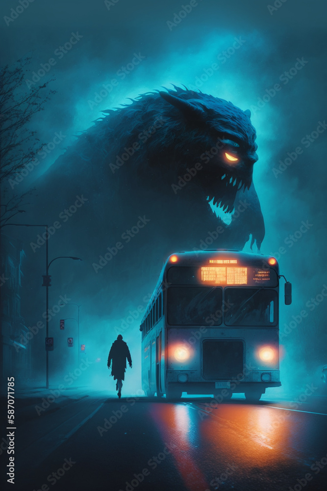 Horrible alien monster creature chasing a bus during a foggy night ...