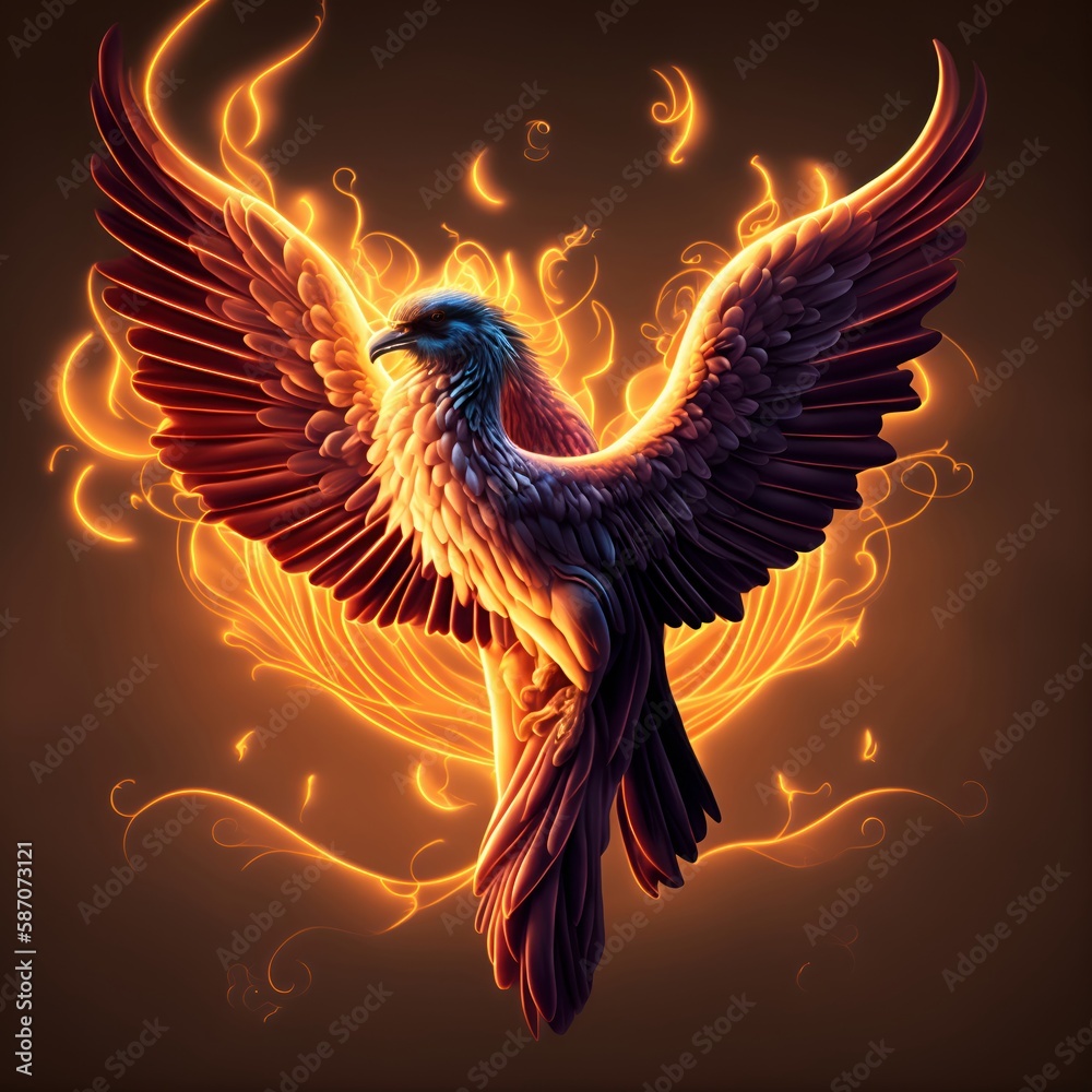 Elegant and powerful phoenix with fire on its wings. A bird with wings ...