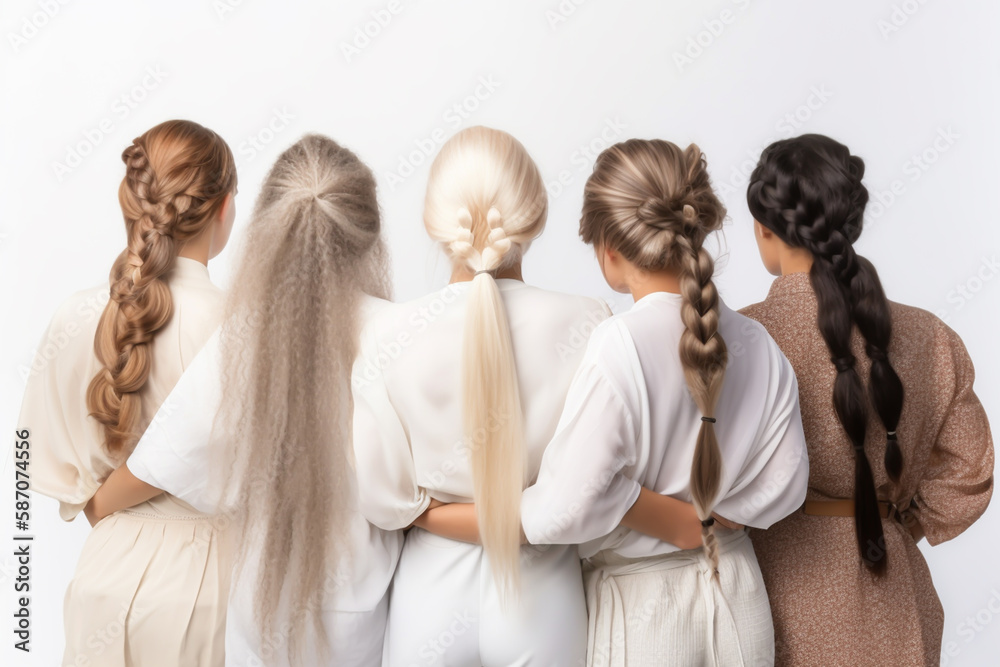 Close-up portrait of a group of women with various hairstyles, haircut, and hair color hugging ...