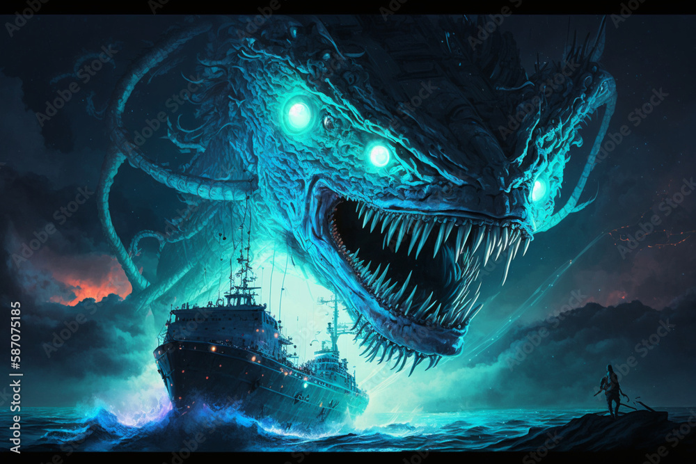 An unknown creature underwater. Neon illuminated scary nightmare shark ...