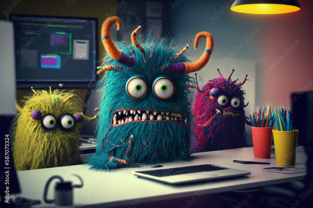 Group of cute colorful alien monsters working at the desk. Colorful ...