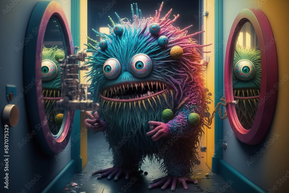 An ugly alien monster looking into a mirror confused. Exhaustion ...