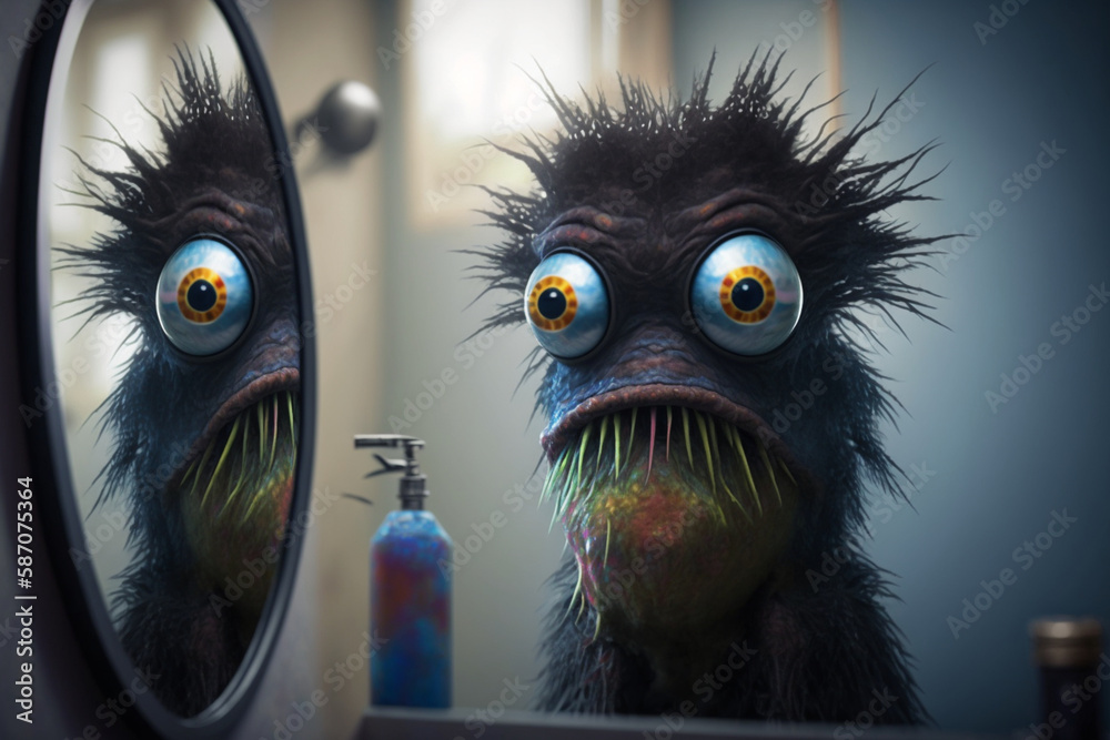 An ugly alien monster looking into a mirror confused. Exhaustion ...