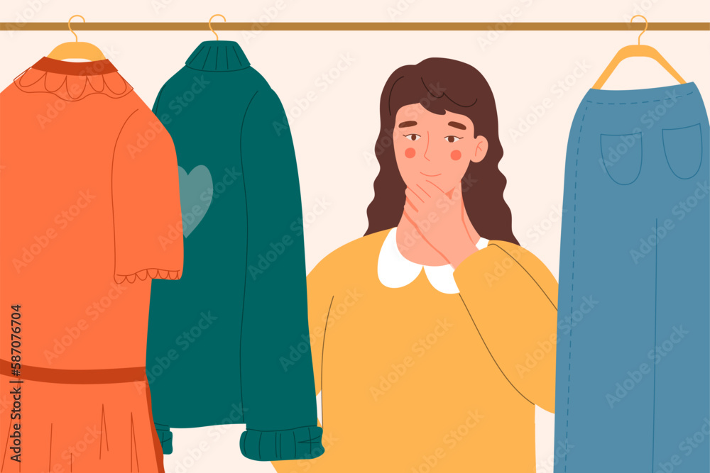 Vecteur Stock Choice of clothes. Woman in wardrobe chooses between red ...