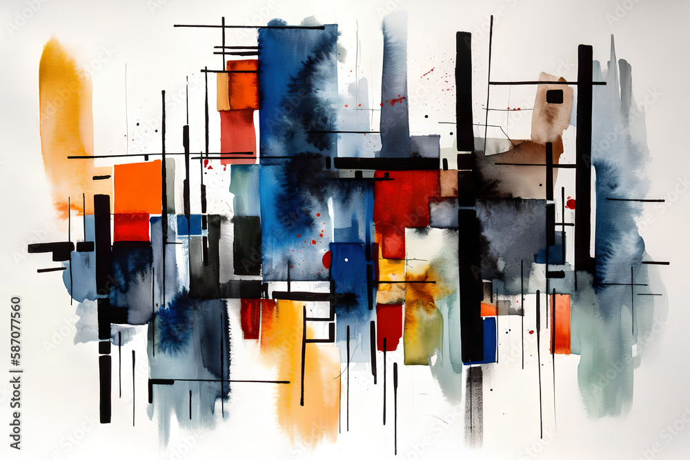Minimalist Modern Abstract Art in Watercolor, using primary colors ...