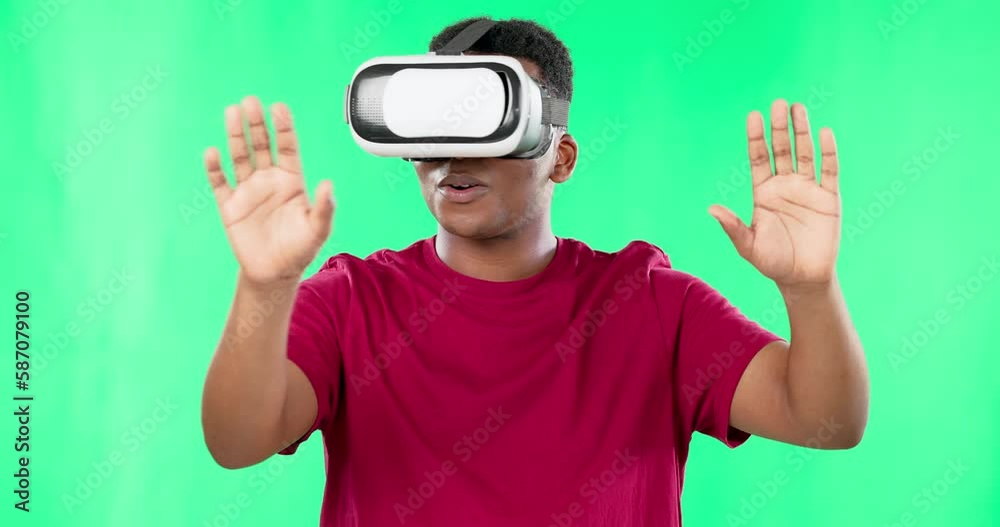 Vr, black man and 3d metaverse in studio on green screen isolated on a ...