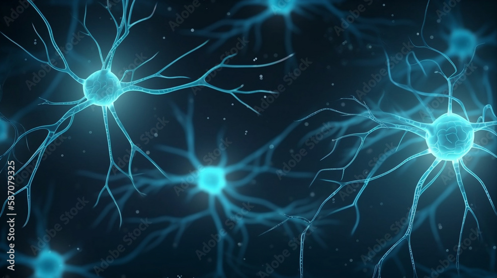 Nerve cell blue color banner, system neuron of brain with synapses ...