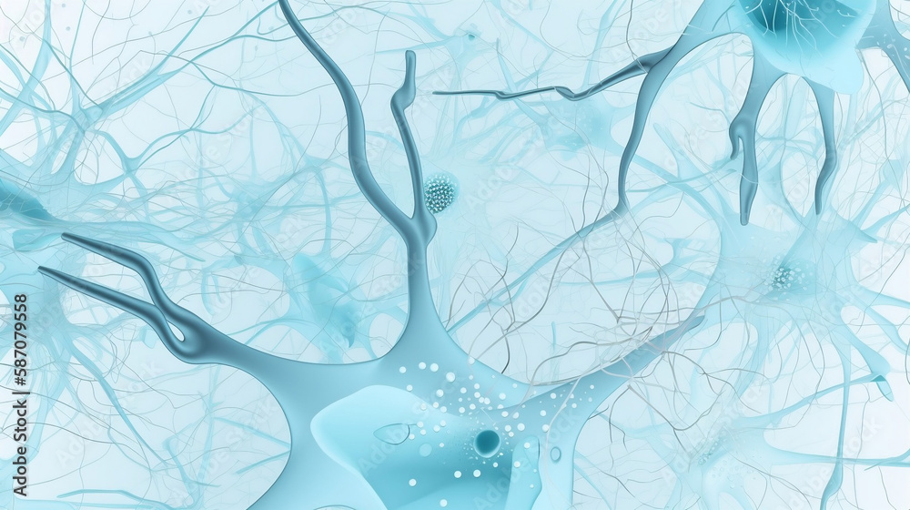 Nerve cell blue color banner, system neuron of brain with synapses ...