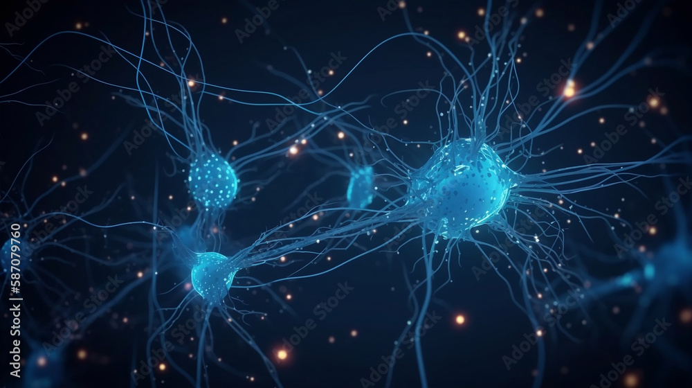 Nerve cell blue color banner, system neuron of brain with synapses ...