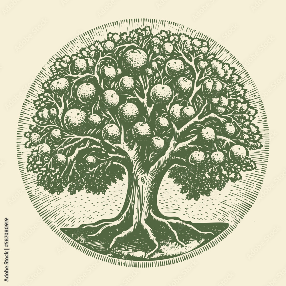 Fruitful tree. Woodcut engraving style hand drawn vector illustration ...