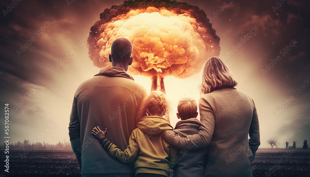 The family stands with their backs looking at a nuclear explosion ...