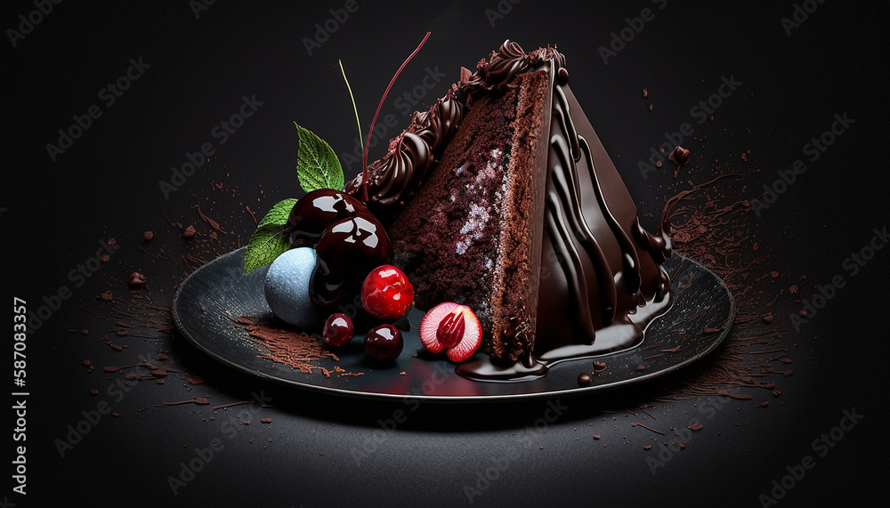 cake biscuit black cake piece of cherry on a dark black background ...