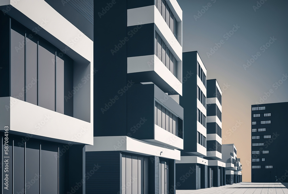 Row of buildings with clean lines and monochromatic colors, limited ...