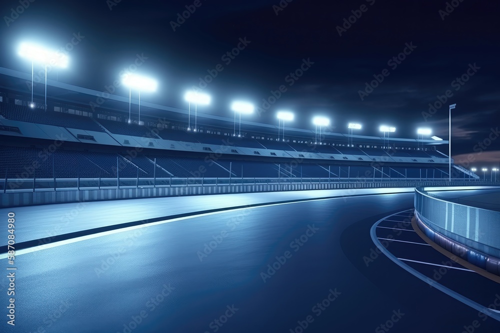 3D realistic the sports stadium for racing car is illuminated with ...