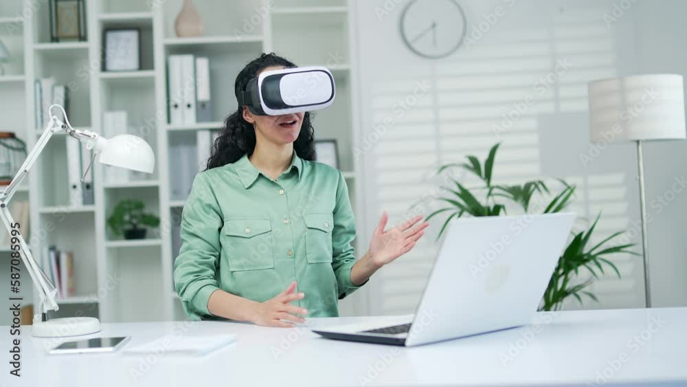 business woman employee worker entrepreneur wearing virtual reality VR ...