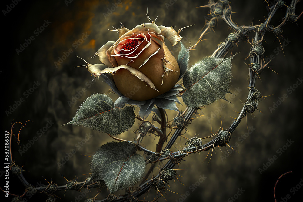 A delicate rose evokes innocence and is framed by thorns and barbed ...