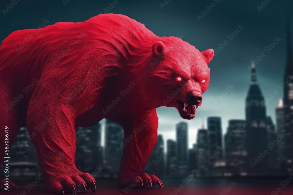 3D illustration of a big red scary bear on blur city background ...