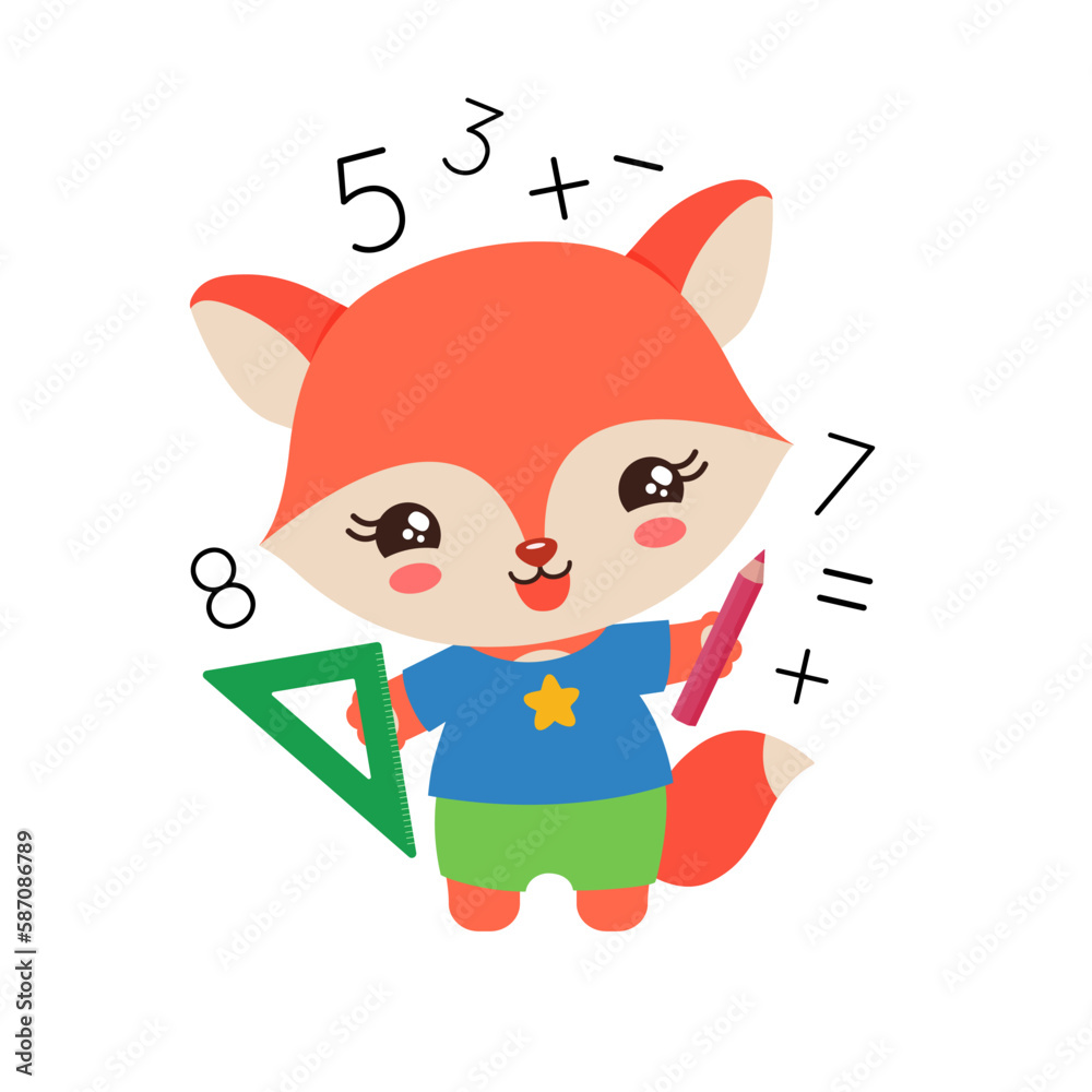 Vecteur Stock School student fox holding a pencil and ruler. Maths ...