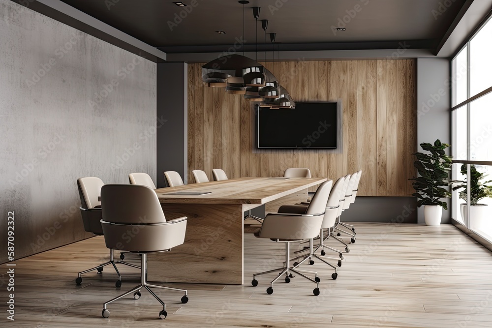 Conference table in a meeting space with a simple gray wall and wooden ...