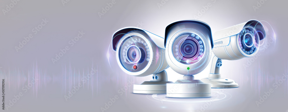 generic professional set of security cameras in white glossy material ...