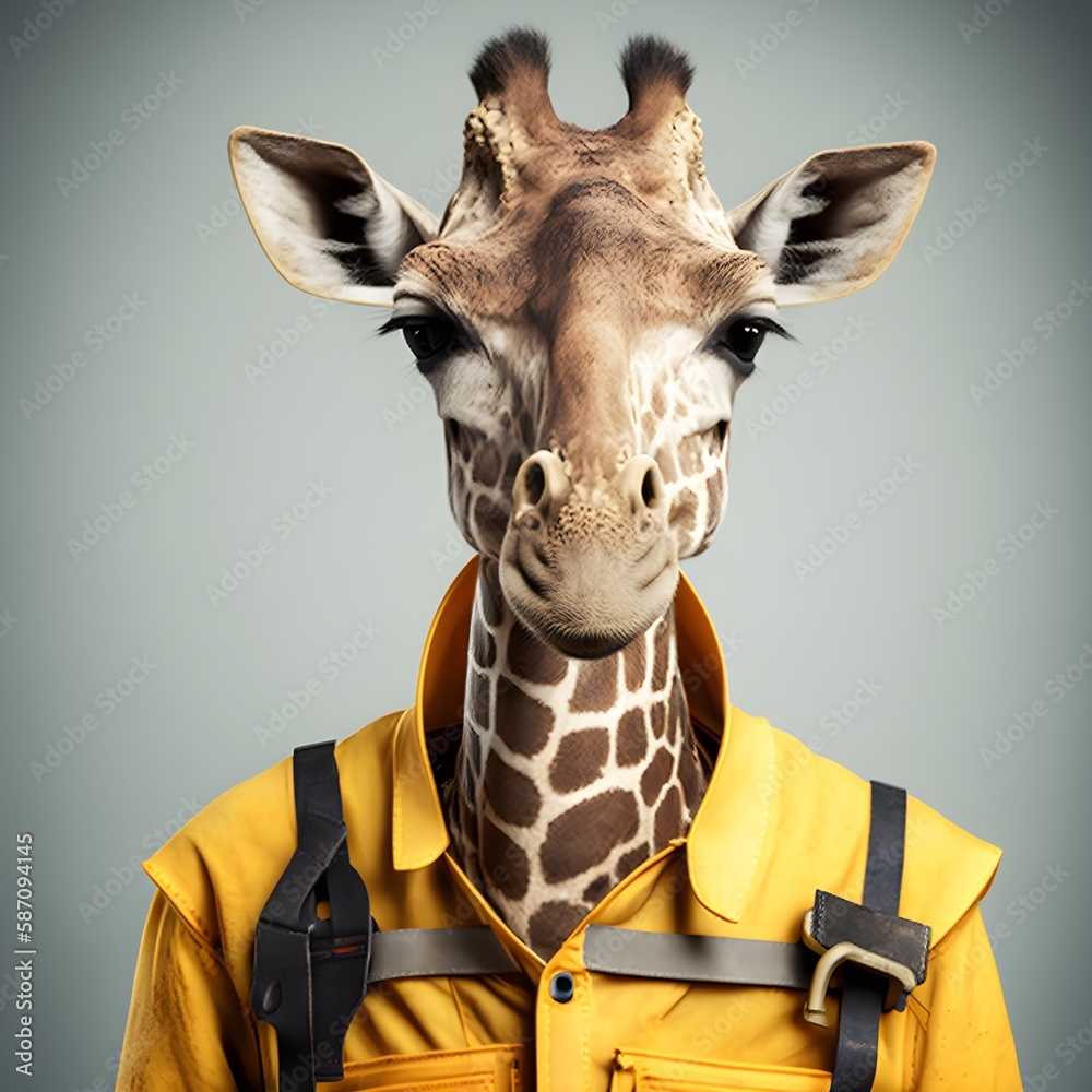 A giraffe as a worker wearing a construction site helmet and a yellow ...