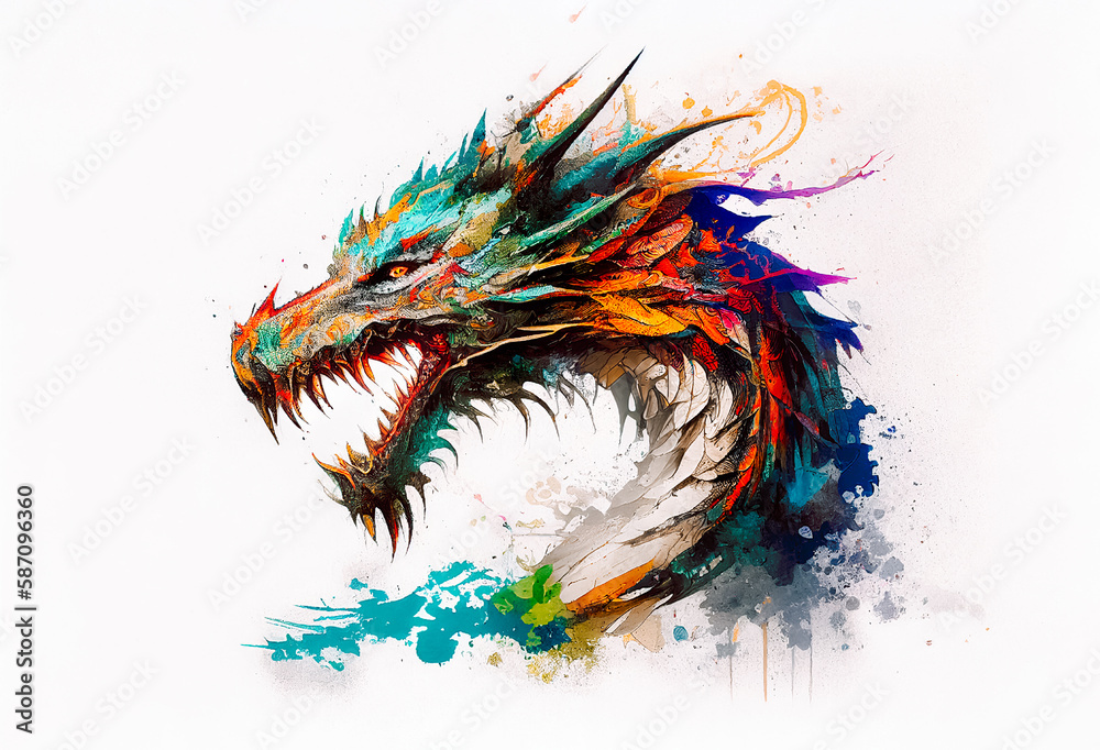 drawn dragon head on white paper, profile, multi-colored dragon, made ...