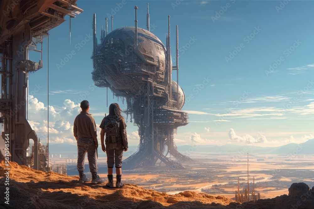 Futuristic Couple Gazing at Ultra Realistic Sci-Fi Oil Field Amongst ...