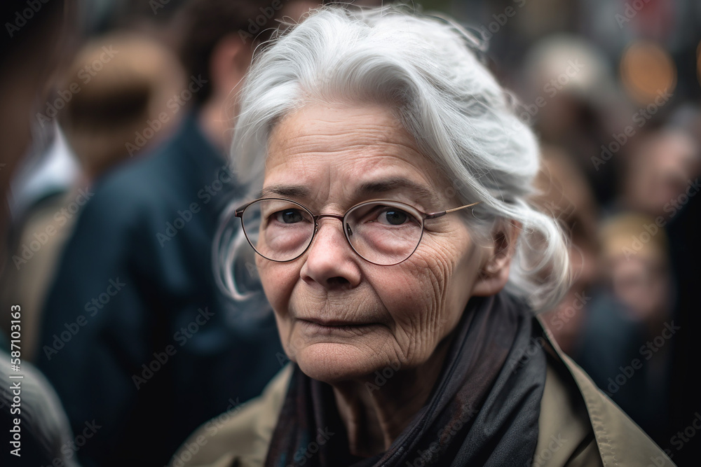 Old woman with grey hair in the crowd, gloomy sinister atmosphere ...