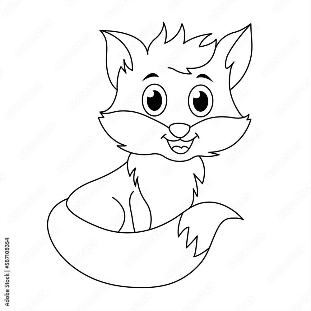 Cute Fox Coloring Page. Cartoon Fox Illustration For Children. Kawaii ...