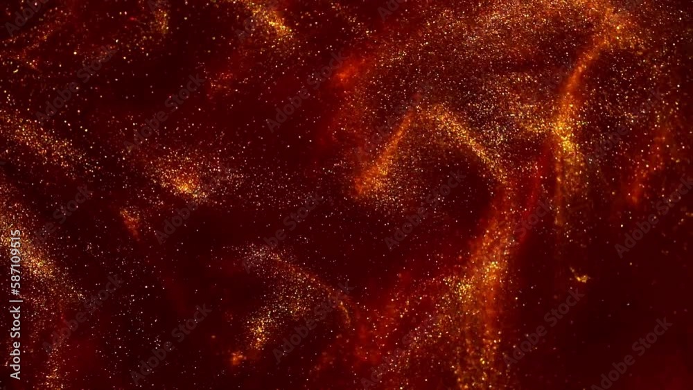 Bursting Gold Dust Particles in Red Fluid. Abstract moving gold ...