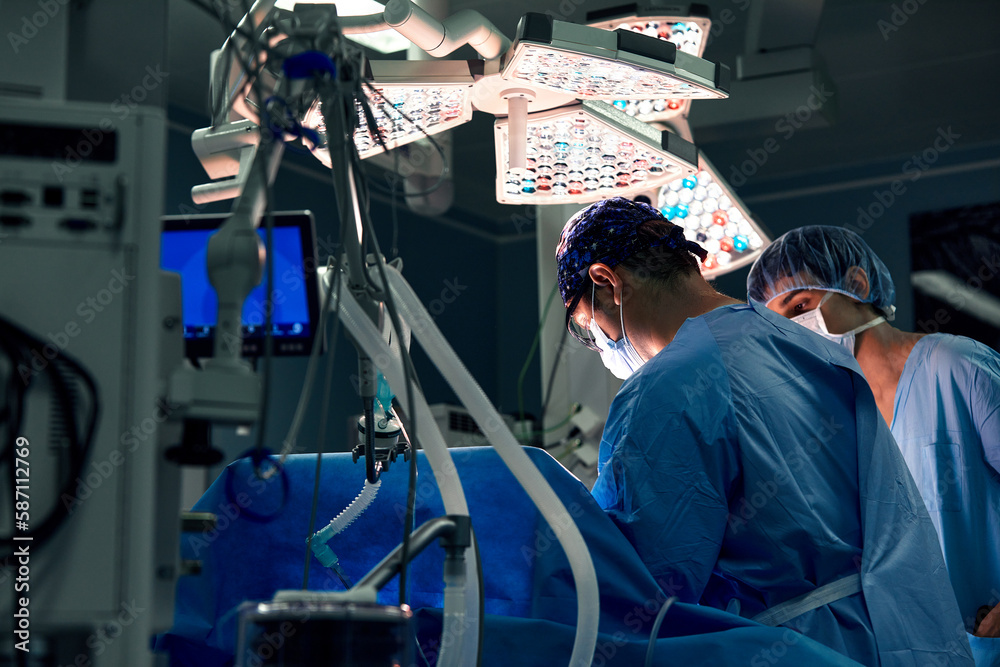Group of surgeons doing surgery in hospital operating theater. Medical ...